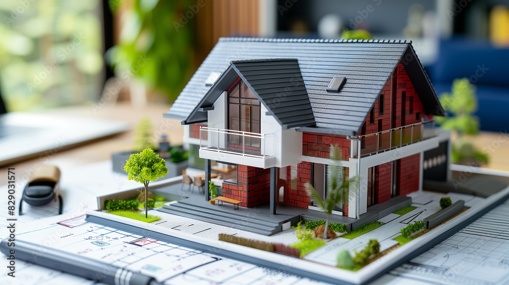 Small house model placed on construction blueprints, representing home ...