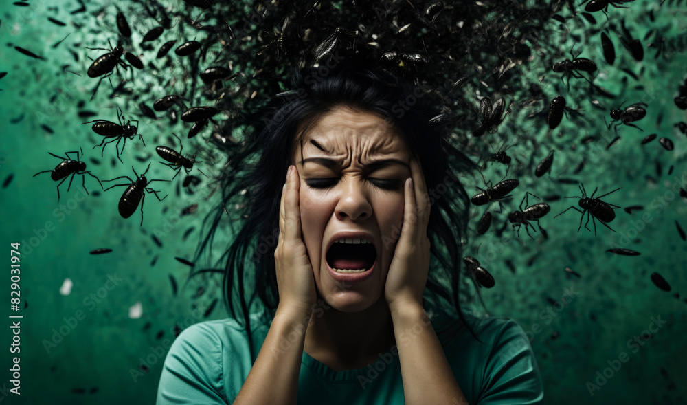 portrait of woman with black bugs coming out of her head screaming her ...