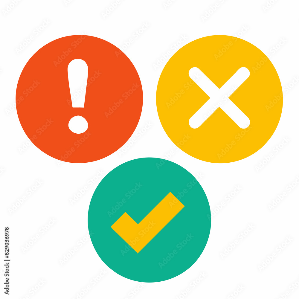 Three circles with exclamation mark, letter x, and check mark inside ...