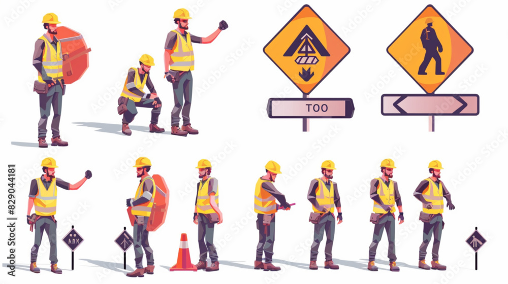 A road worker stands at a Road Works and Stop sign. Road signs. Travel ...