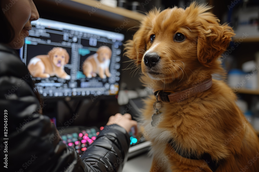 A vet performing an ultrasound on a pregnant dog, monitoring the ...