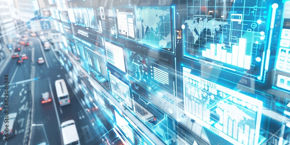 Futuristic city with data analytics and digital information overlays ...