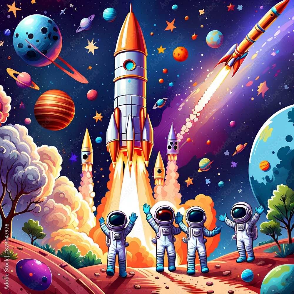 ภาพประกอบสต็อก Space themed children coloring book cover, kids ...