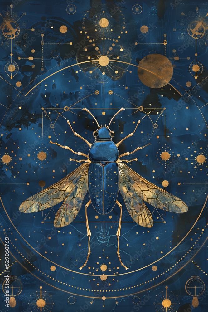 Drawings of golden beetle insects in a mixed boho and art deco ...