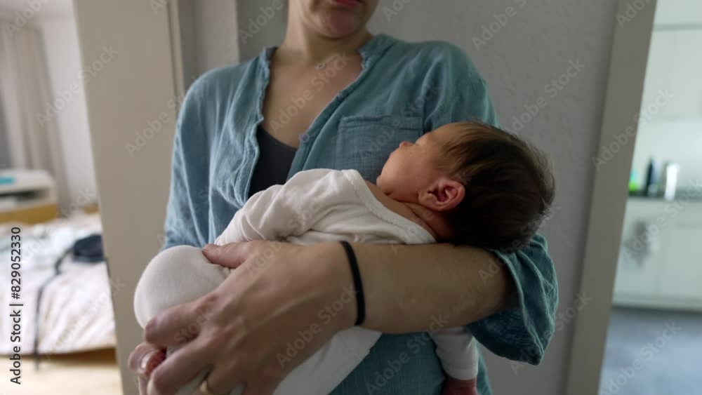 Mother holding newborn baby in her arms, looking down lovingly. The ...