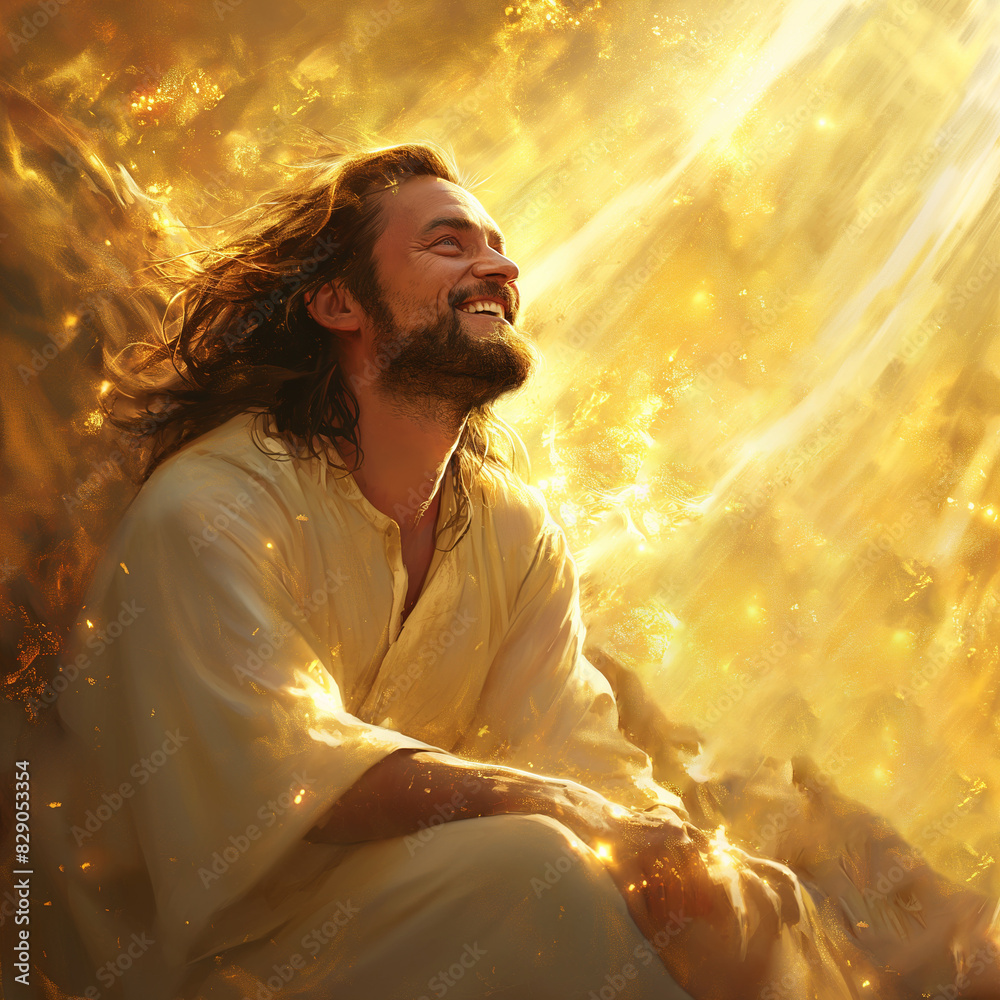 Cheerful Jesus Christ on a golden background, rejoices that he has ...