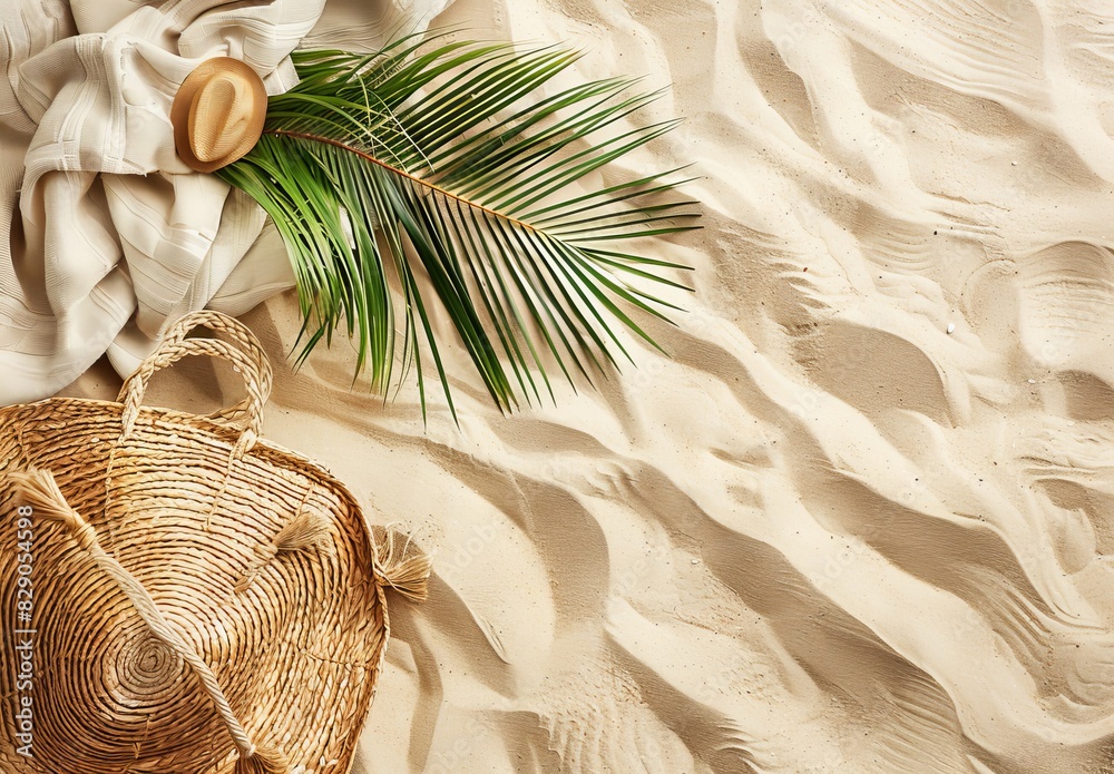 Capture a beach-safe tan: image of straw bag, sun protection, towel ...