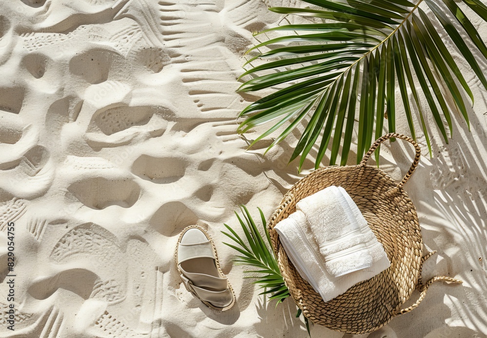 Capture a beach-safe tan: image of straw bag, sun protection, towel ...