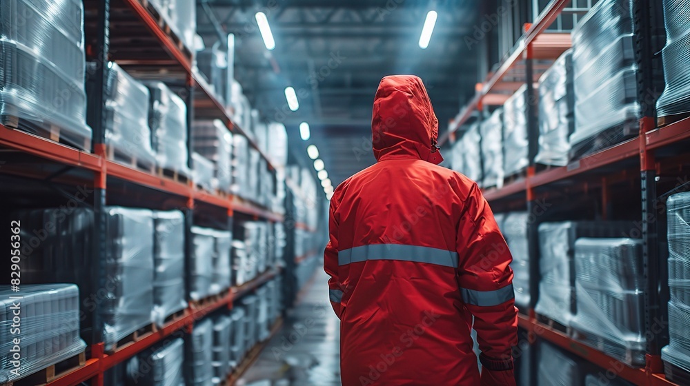 industrial worker in a freezer suit loading frozen goods onto pallets ...