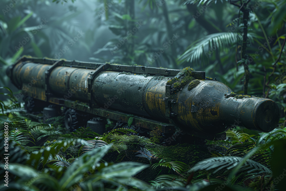 Precision-guided missile launcher camouflaged in the dense forest ...