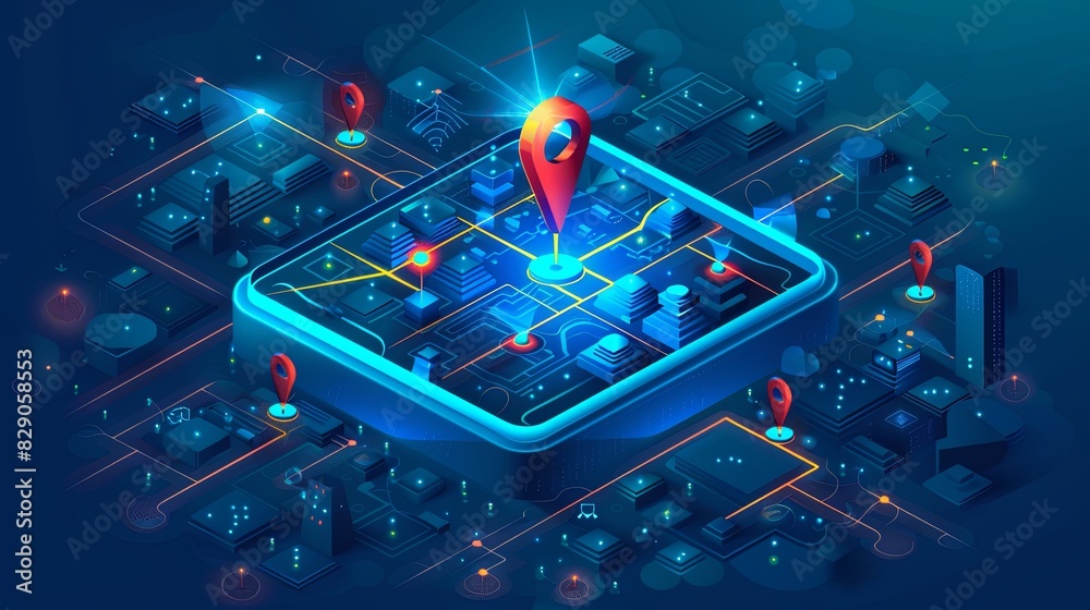 Blue background with an isometric GPS tracking map and a red marker pin ...