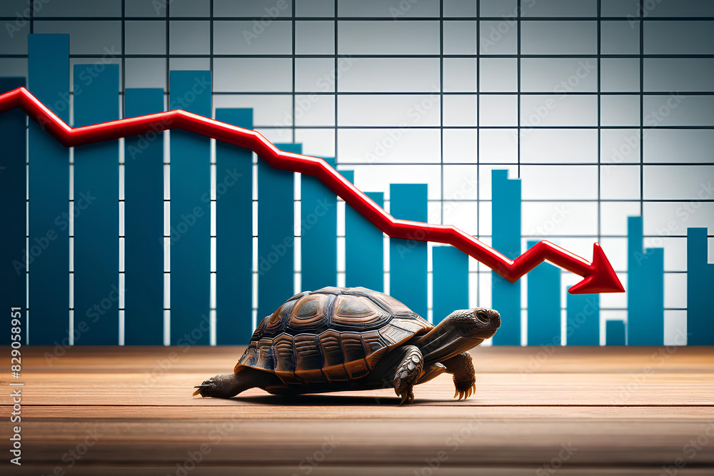 a crawling turtle against the background of a decreasing histogram as a ...