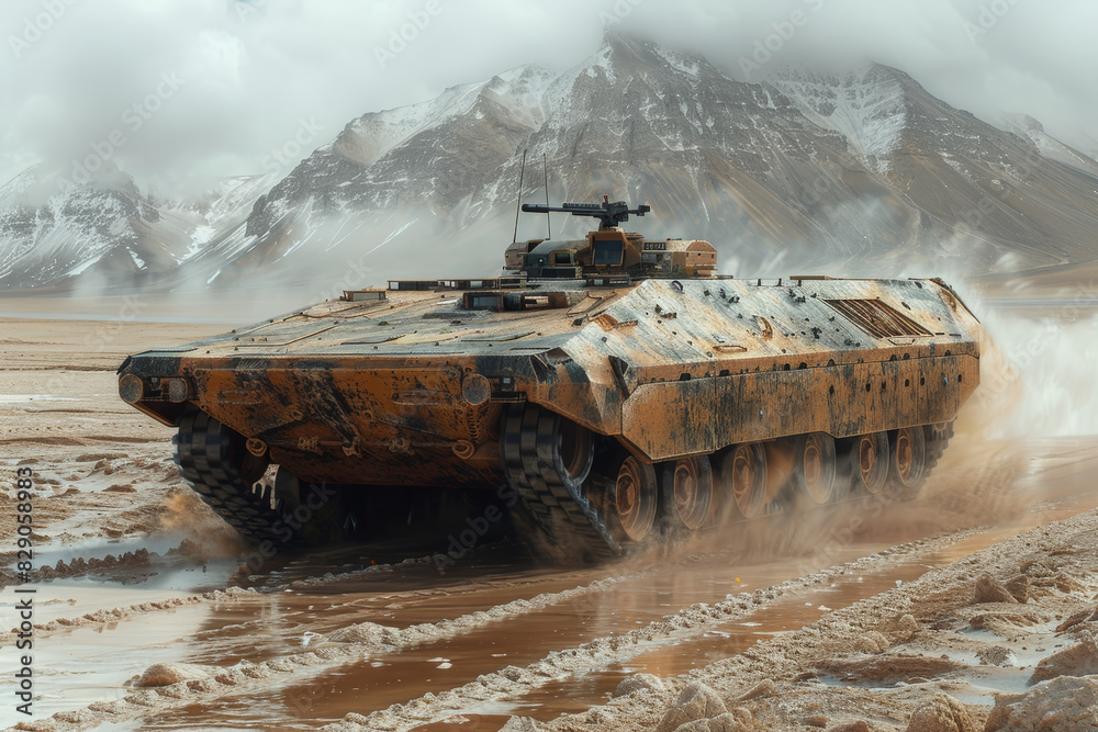 Armored personnel carrier transporting troops through hostile territory ...