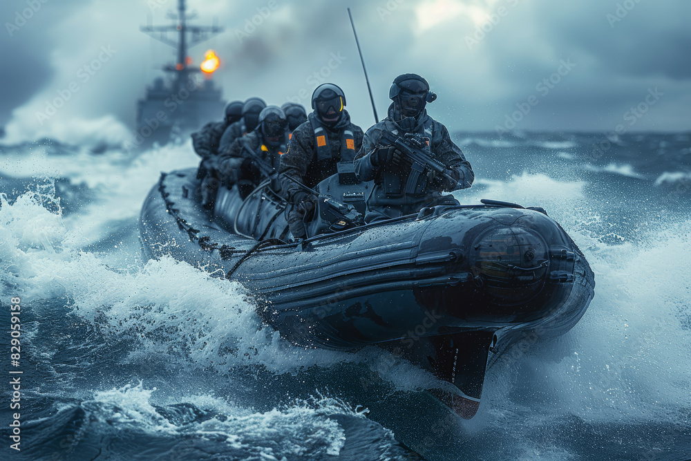 Tactical assault boat speeding across choppy waters, carrying elite ...