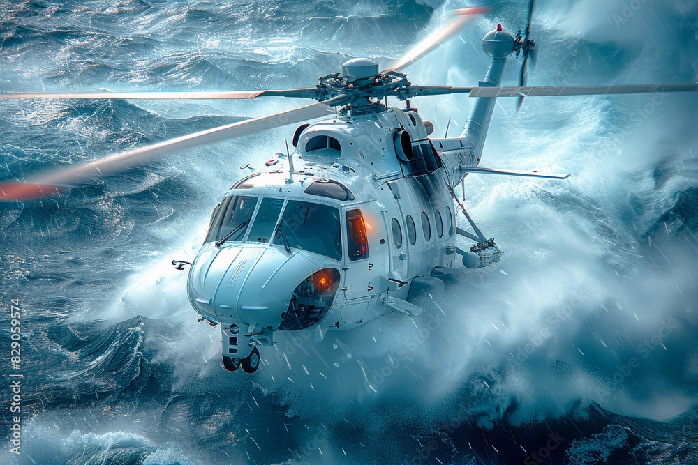 Anti-submarine warfare helicopter scanning the ocean surface with sonar ...