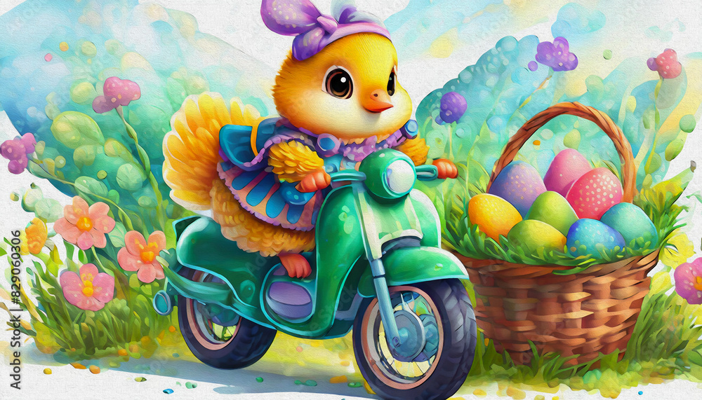 OIL PAINTING STYLE CARTOON CHARACTER CUTE baby YELLOW CHICKEN ride ...