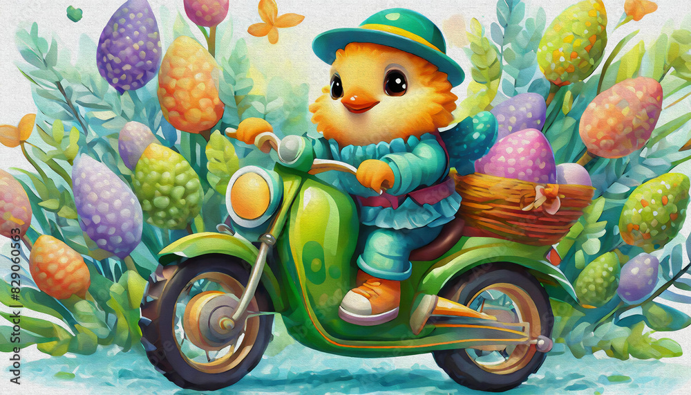 OIL PAINTING STYLE CARTOON CHARACTER CUTE baby YELLOW CHICKEN ride ...