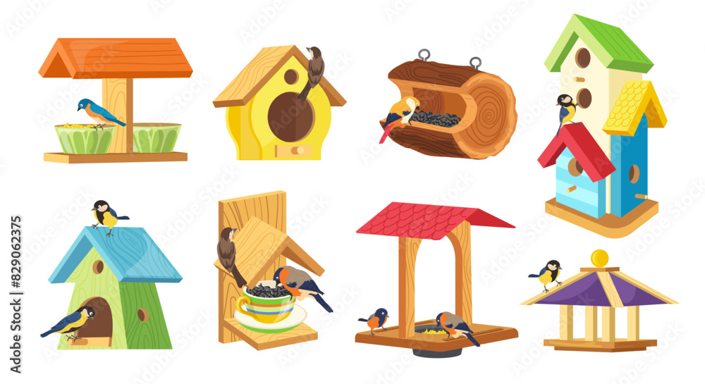 Variety of wooden bird feeders and birdhouses set in cartoon style ...