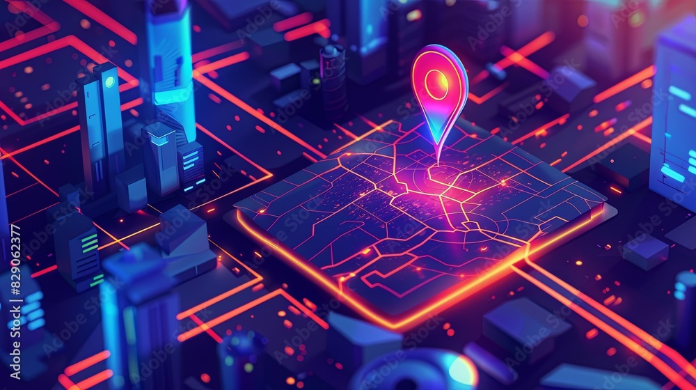 Isometric GPS tracking map with a pin in the middle, showing navigation ...