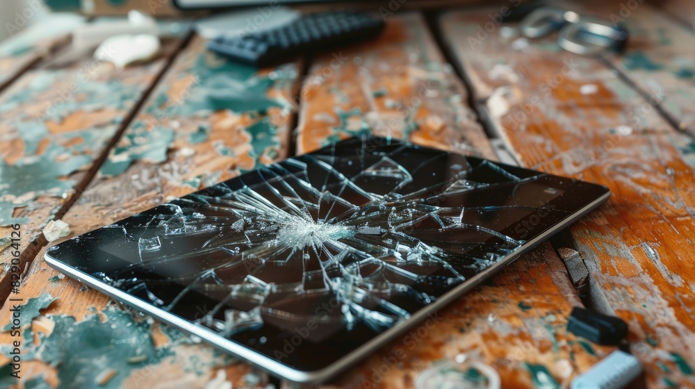 Damaged electronic tablet with a shattered display on a desk made of ...