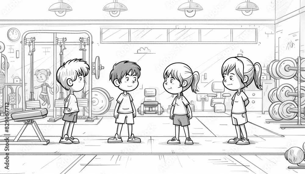 A simple coloring line drawing of a Gym with children depicting a ...