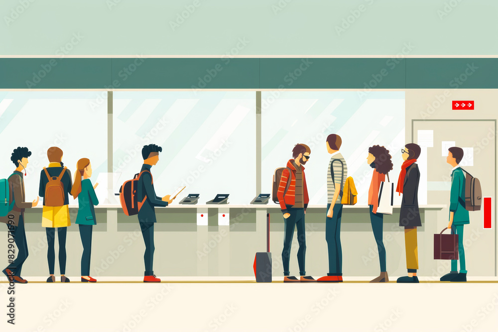 A group of passengers waiting in line at the airport checkin counter ...