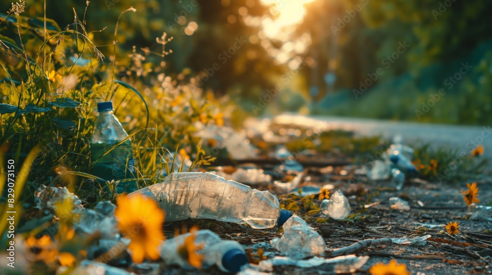Littered pathway with plastic waste and bottles amidst wildflowers ...