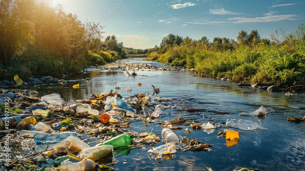 A heavily polluted river with floating trash and plastic bottles ...