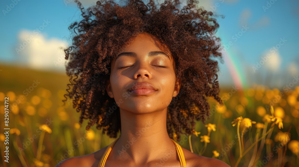 Happy young black woman breathing fresh air outdoors in nature. African ...