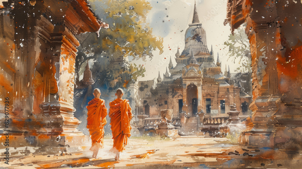 Watercolor paintings of Buddhist monks Was on a pilgrimage to an old ...