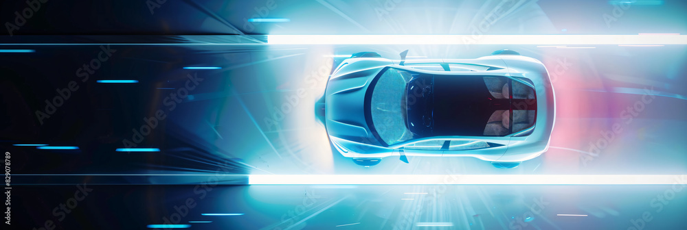 top view, technology electric glowing blue car rides on the blue road ...