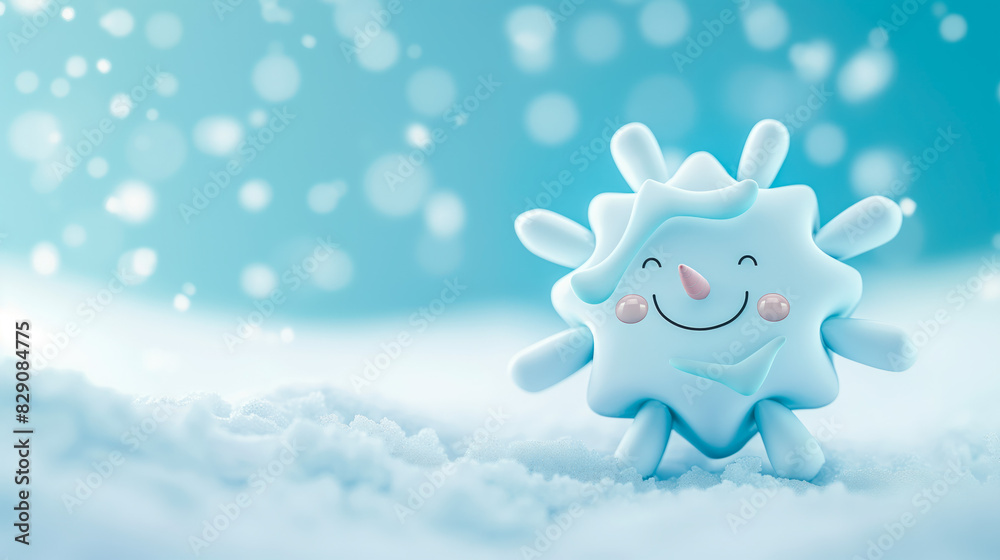 Smiling animated snowflake on a snowy background. Banner with copy ...