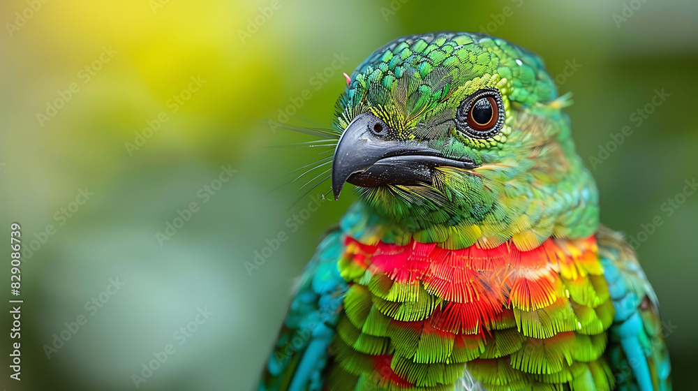 adult male Quetzal Pharomachrus mocinno with iridescent green and red ...