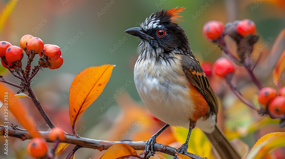 adult male Redwhiskered Bulbul Pycnonotus jocosus with brown white and ...
