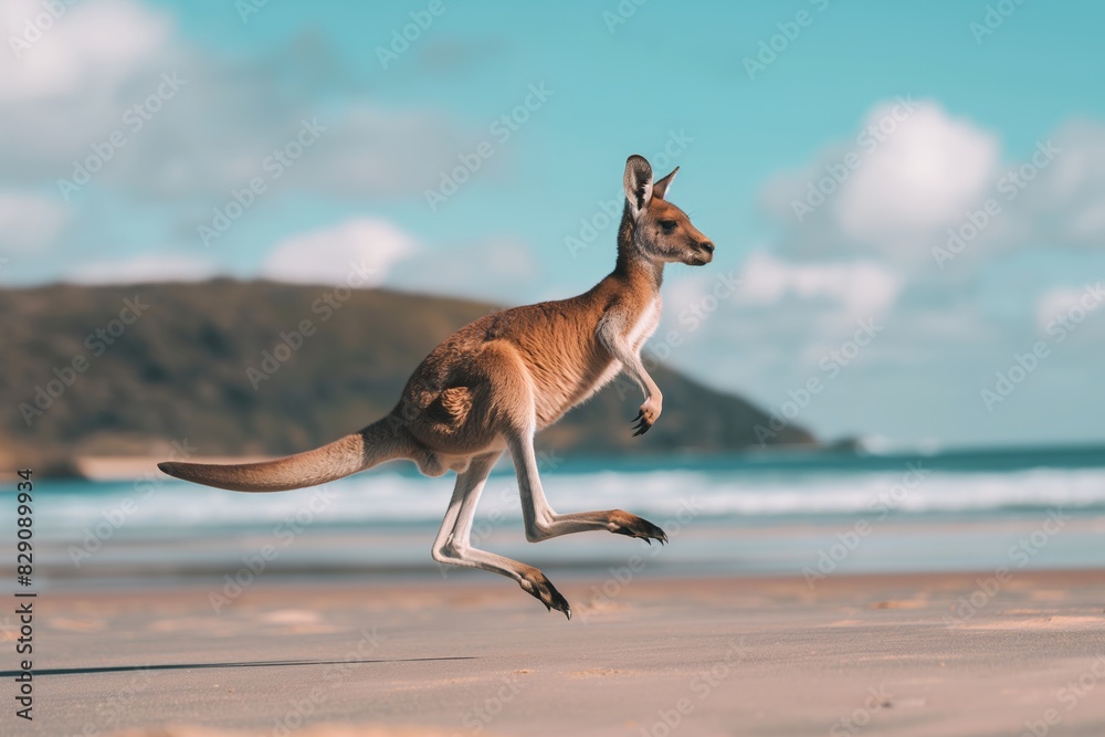 Kangaroo hopping on an Australian beach with scenic background, clear ...