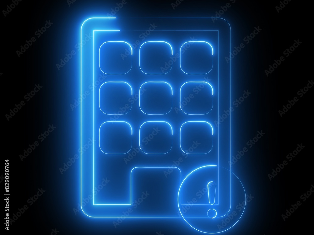 A glowing blue neon icon of a keypad with an exclamation mark in a ...