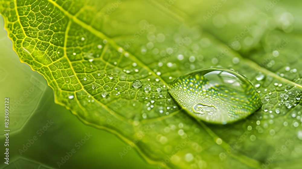 Detailed close-up of a rain drop on a bright tree leaf, featuring ...