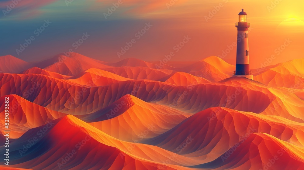 Surreal desert landscape with vibrant orange dunes and a lighthouse at ...