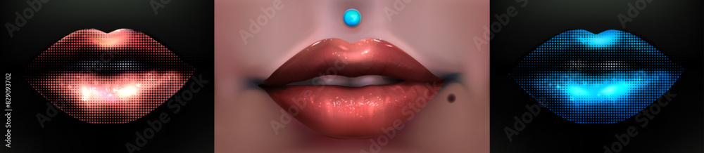 Collection lips retro halftone on the black background. Female lips in ...