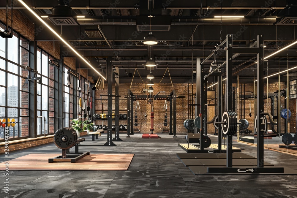 Modern fitness center interior with sport equipment, crossfit and ...