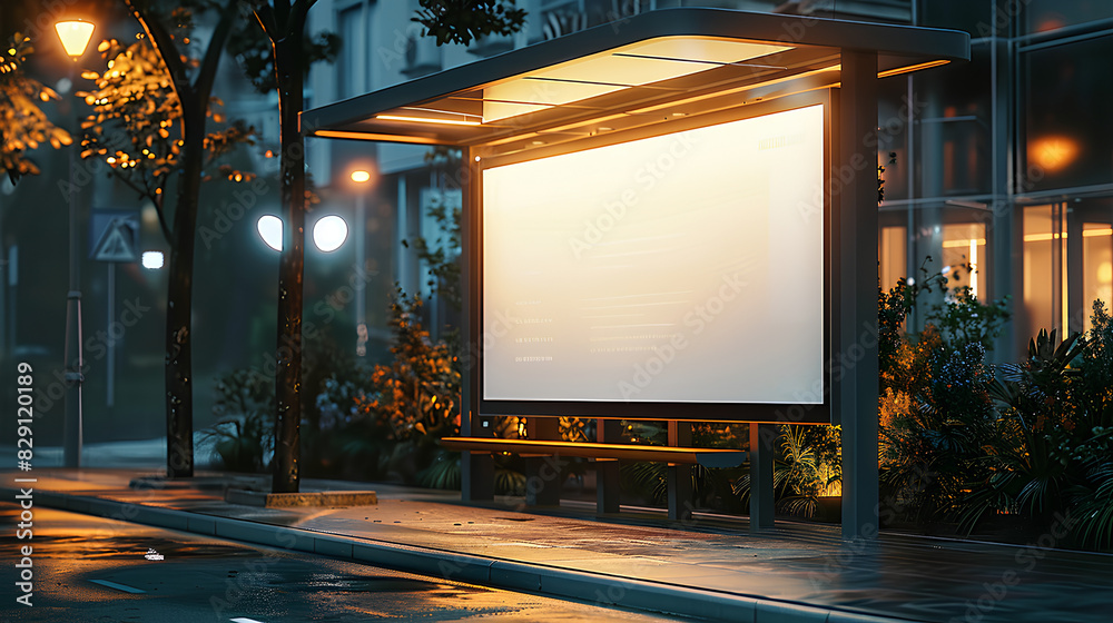 bus shelter with blank ad panel billboard display empty white lightbox ...