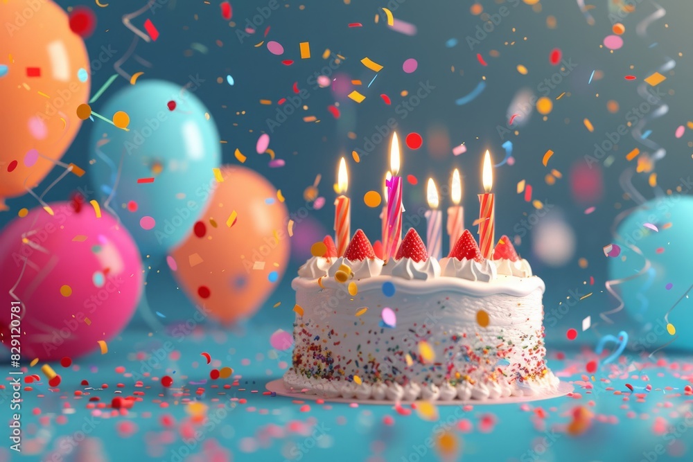 Happy birthday cake with candles, balloons and confetti background ...