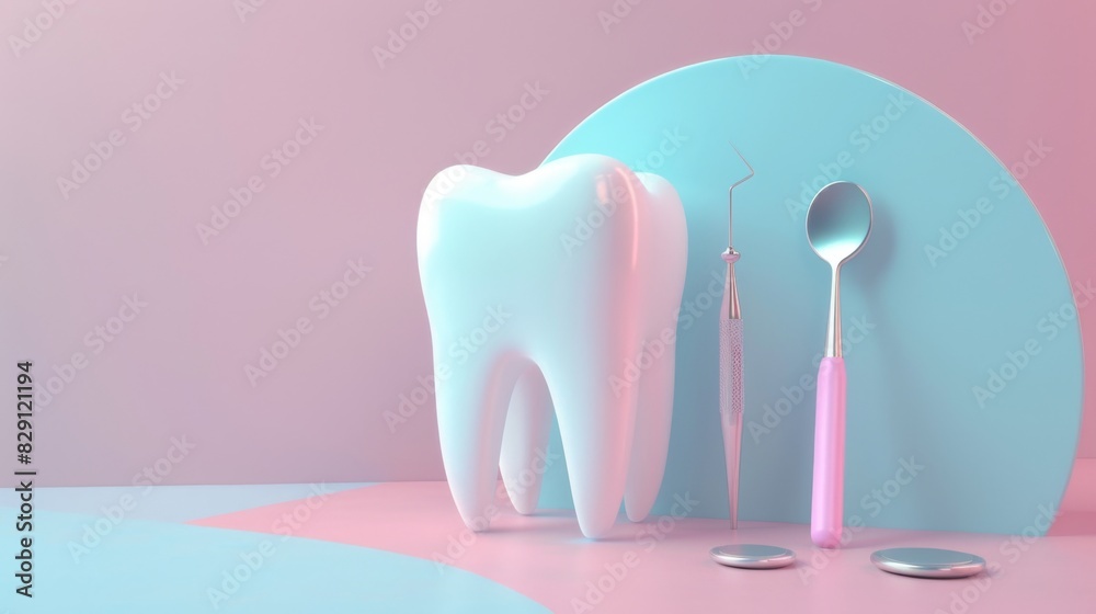 Dental tools and tooth model on pastel background, color palette of ...
