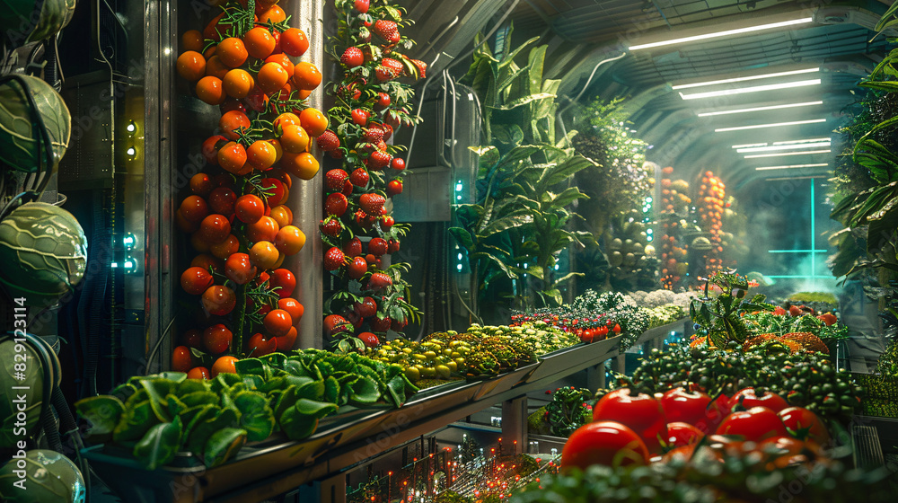 A futuristic produce farm with vertical hydroponic towers growing ...