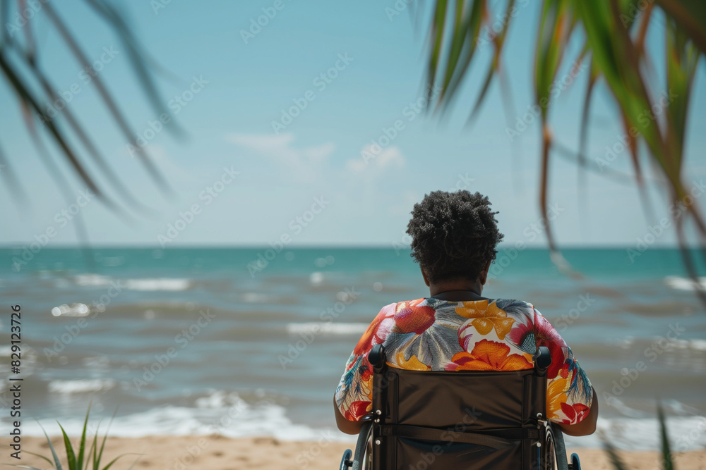 Disabled woman sunbathing in a wheelchair relaxing at the beach. Black ...