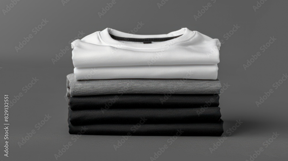 3 Set of pile stack group of folded blank black grey gray white tee t ...