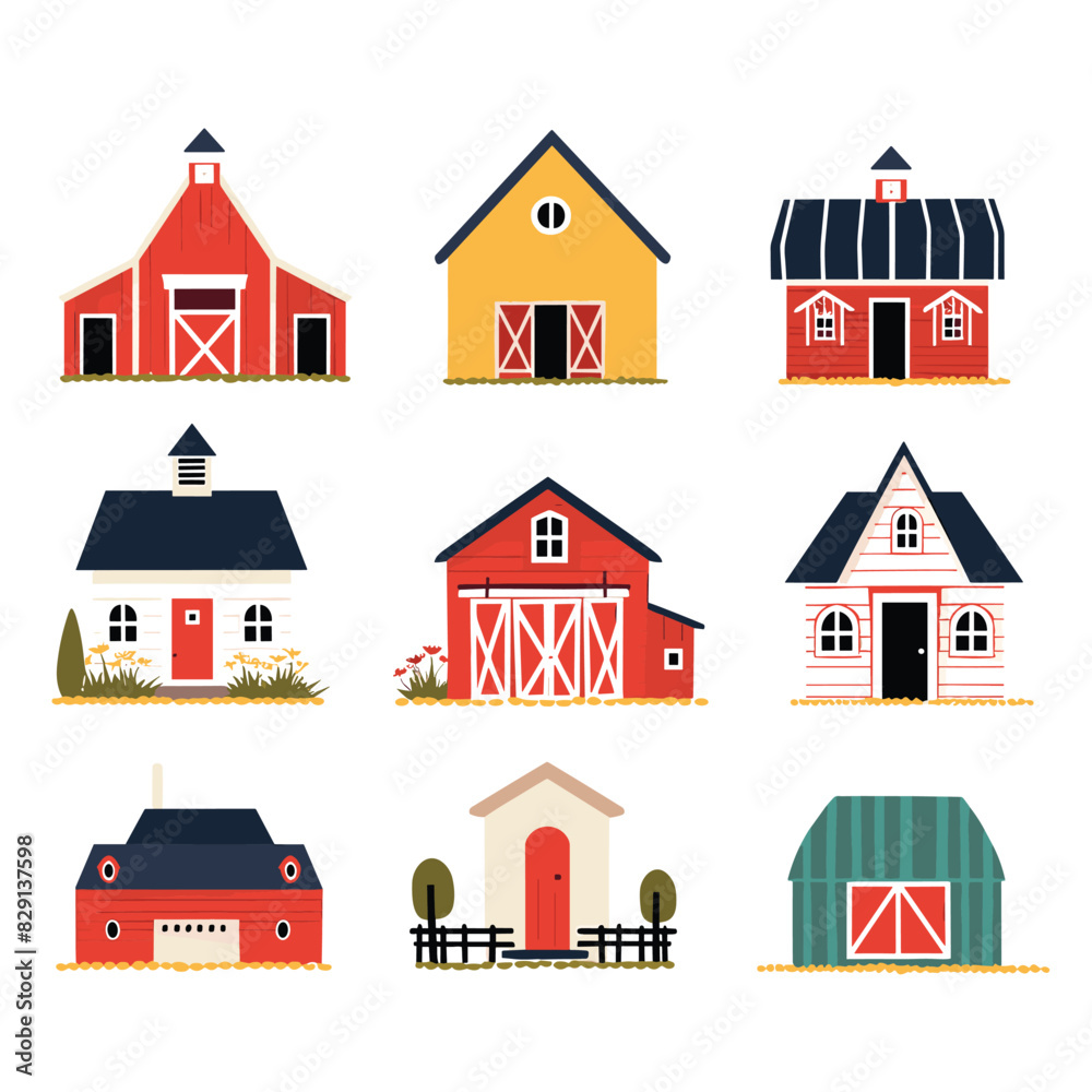 Collection cartoon farm buildings, colorful barns houses flat design ...