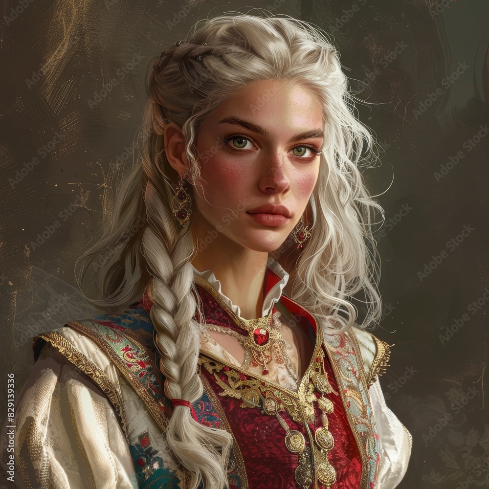 medieval nobility, baron's daughter female 20 years old, pricy outfit ...