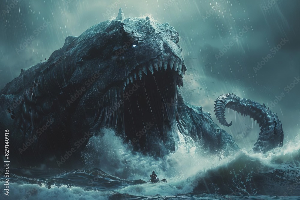 Giant sea monster emerging from stormy ocean, featuring a mix of ...