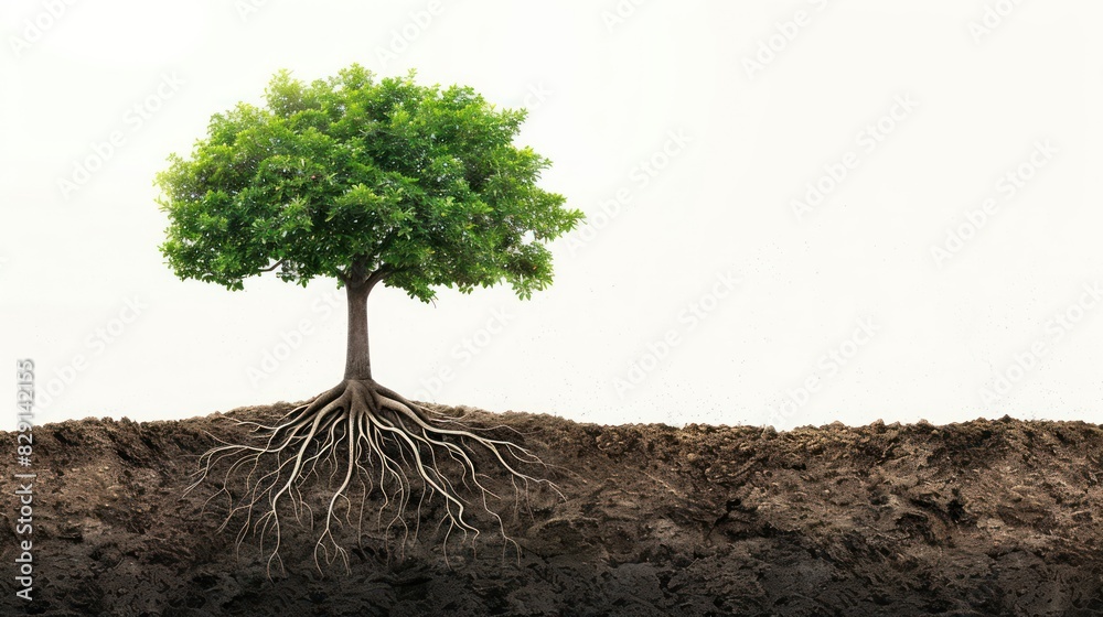 A young tree with roots spreading into the soil, with a transparent ...